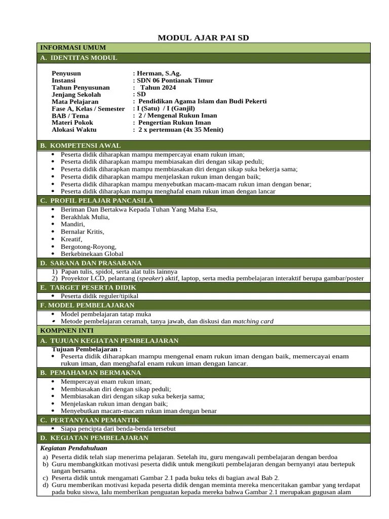Modul Ajar Kelas 1 Pai Rukun Iman Pdf