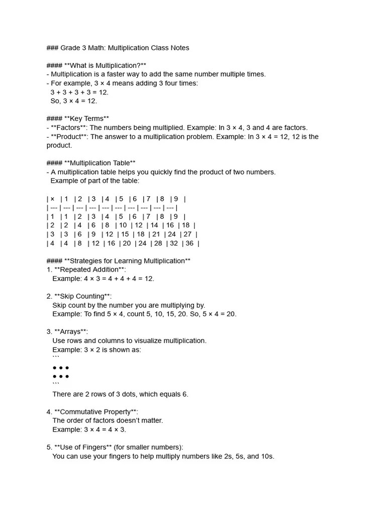 Grade 3 Math Multiplication Class Notes Pdf
