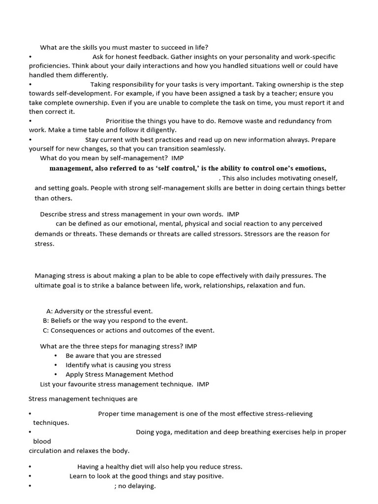 Self Management Skills Pdf Self Awareness Stress Management
