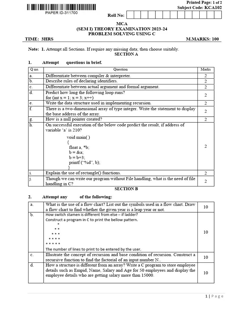 Mca Problem Solving Using C Exam 2023 24 Pdf Pointer Computer