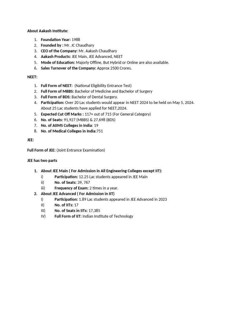 Aakash Institute Jee Neet Overview Pdf