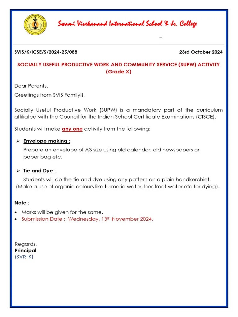 Grade X Supw Activity 2024 25 Pdf
