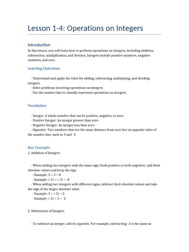Integer Operations For Beginners Pdf Multiplication Division