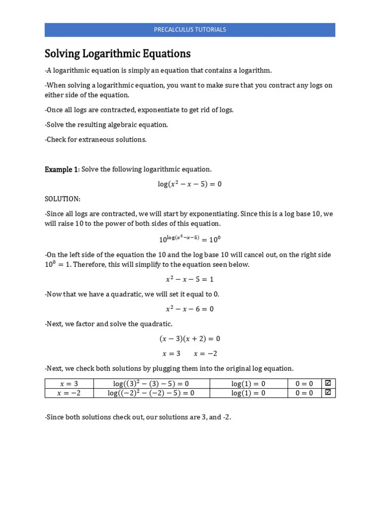 Solving Logarithmic Equations Pdf Logarithm Equations