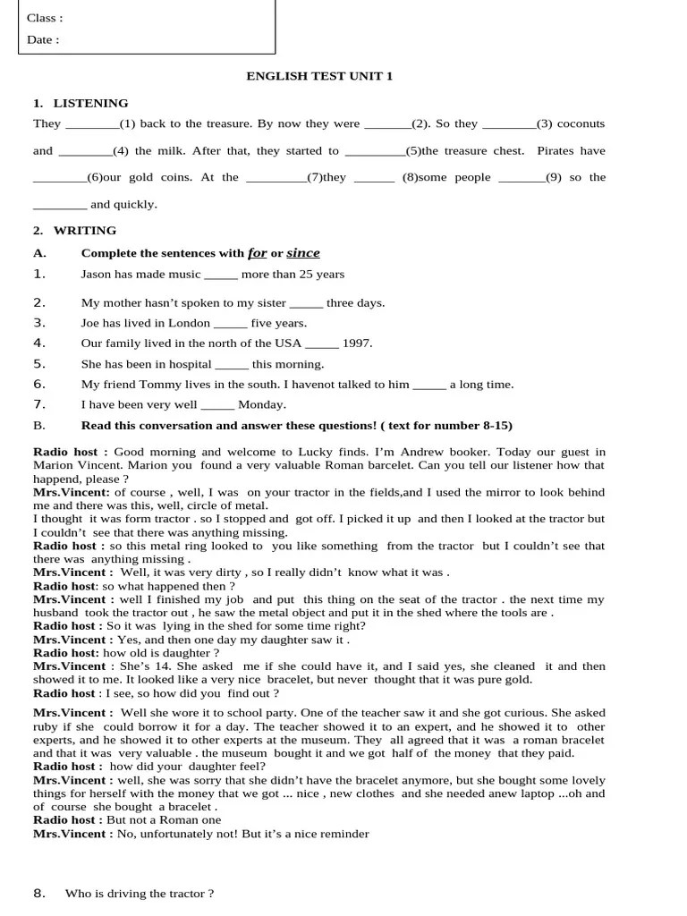 English Test Unit 1 6 Pdf