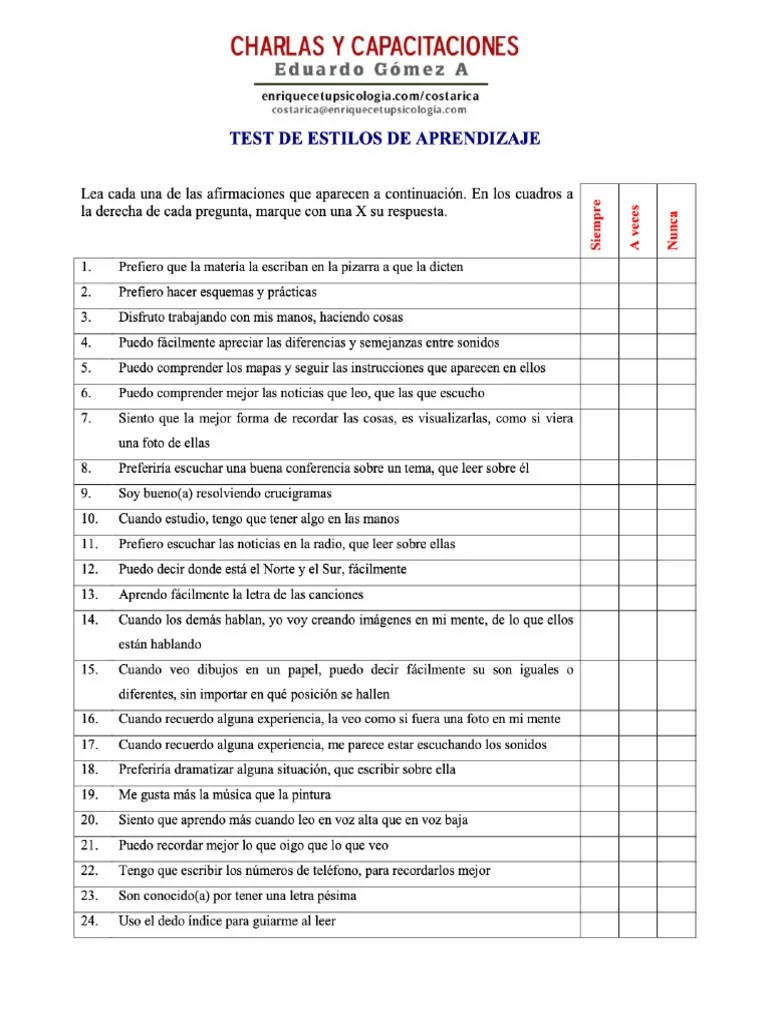 Test De Estilos De Aprendizaje Pdf