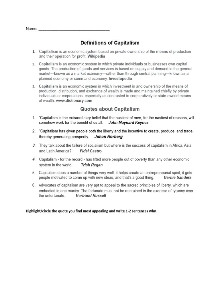 Capitalism Overview And Worksheet Pdf