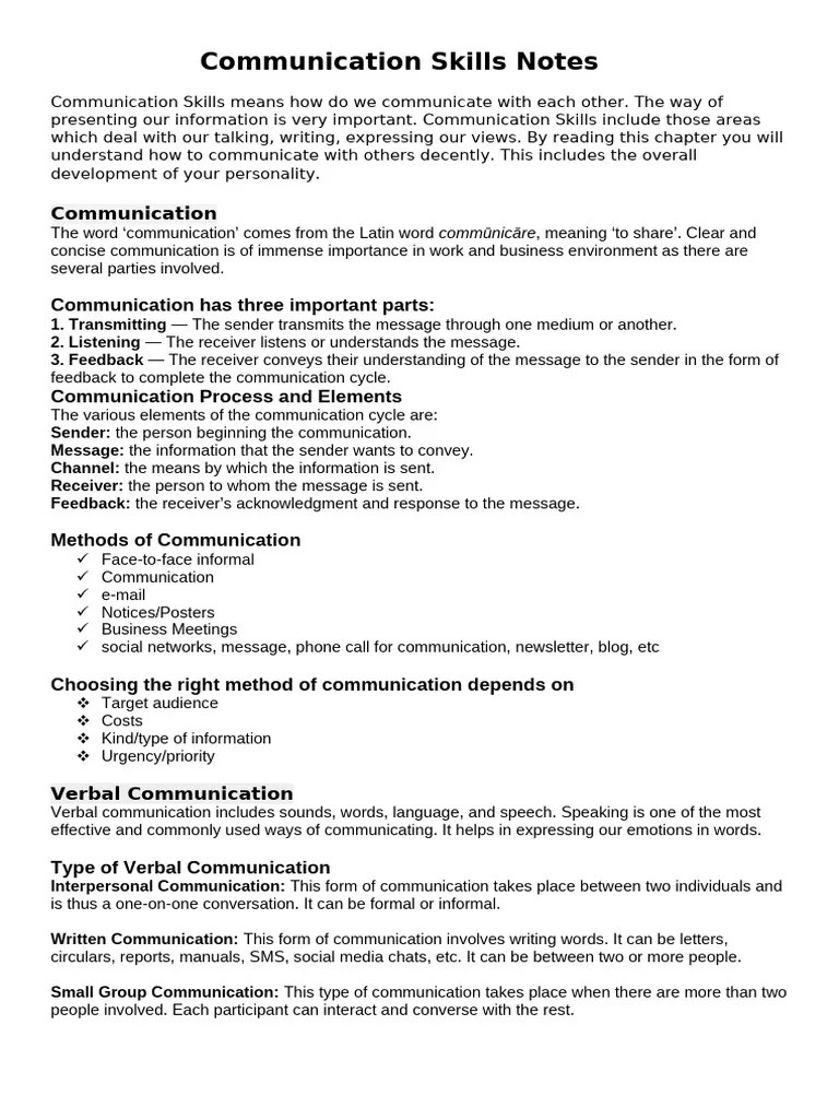 Communication Skills Notes Class X It Pdf Communication Nonverbal