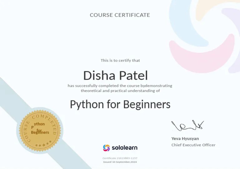 Sololearn Python For Beginners Certificate Tanvi Pdf