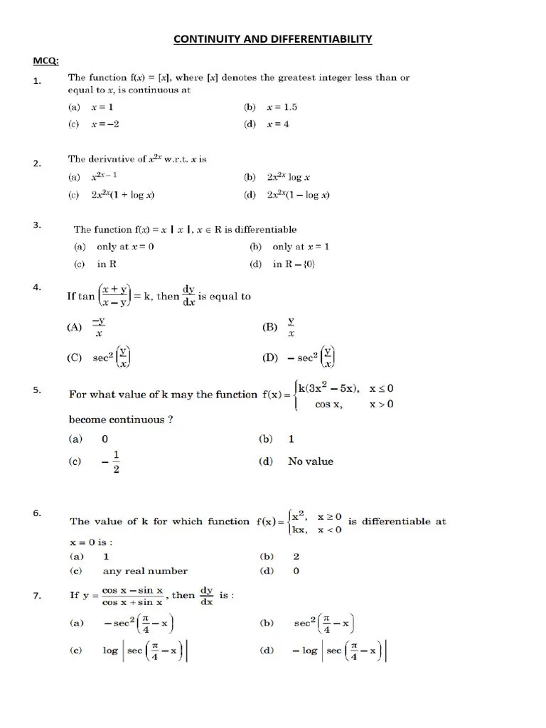 Continuity And Differentiability Mcqs Pdf