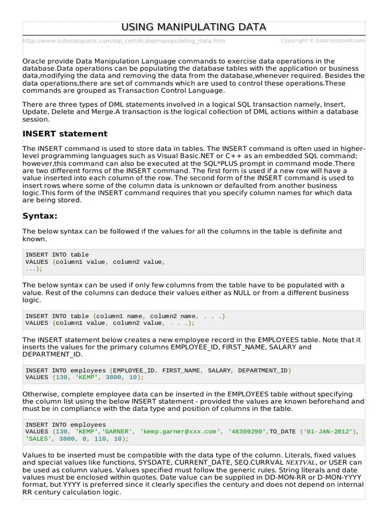 Manipulating Data Pdf Database Transaction Sql