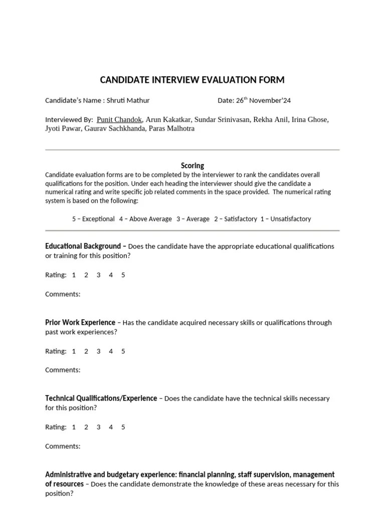 Candidate Interview Evaluation Pdf