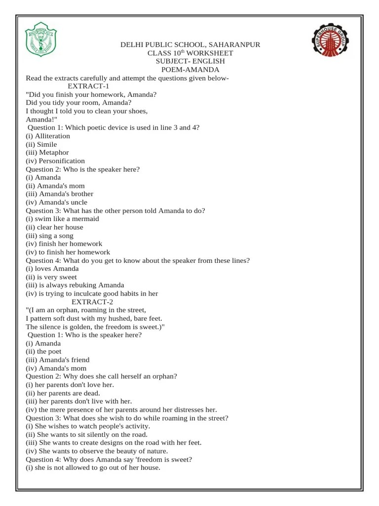 Amanda Worksheet Pdf Poetry