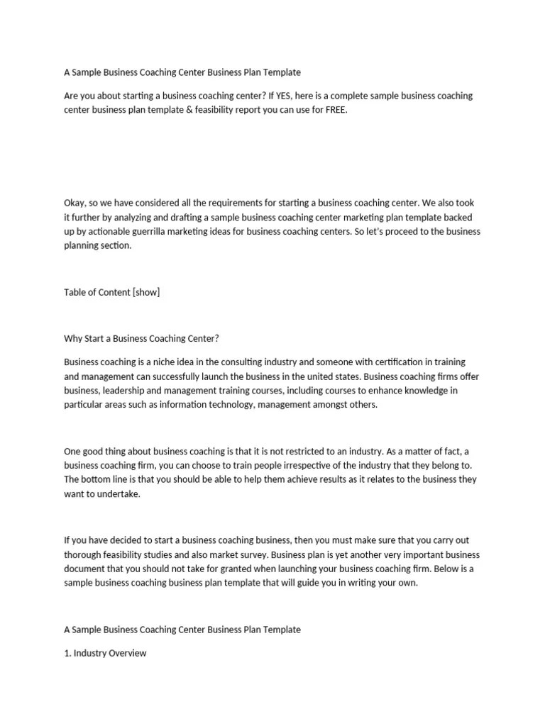 A Sample Business Coaching Center Business Plan Template Pdf