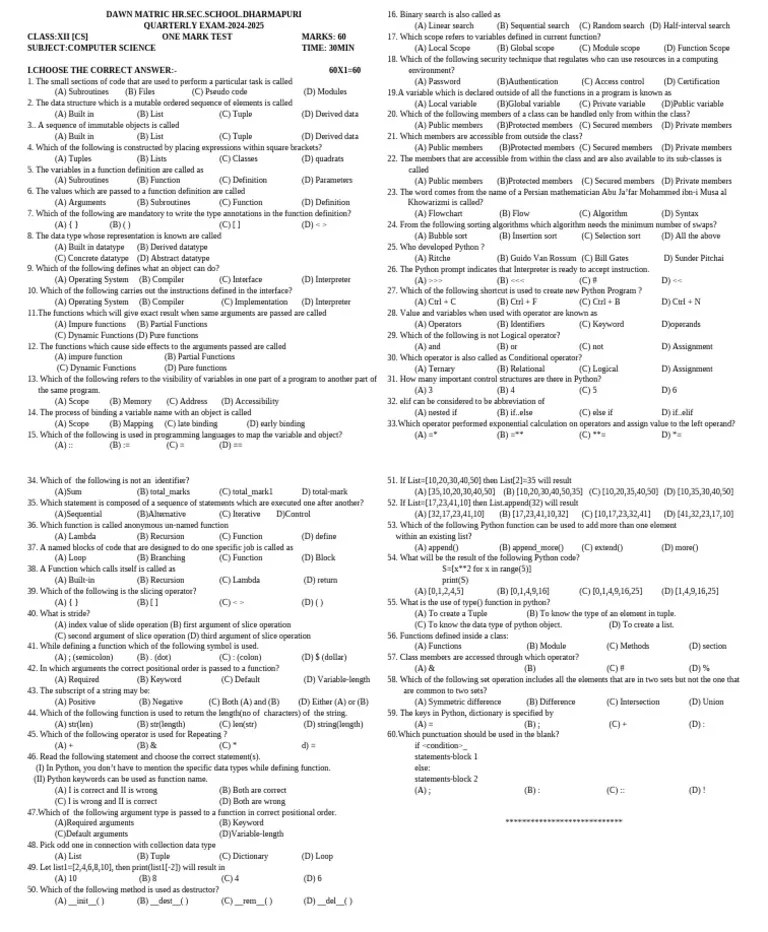 Xii Cs Ot Question Pdf Parameter Computer Programming Data Type