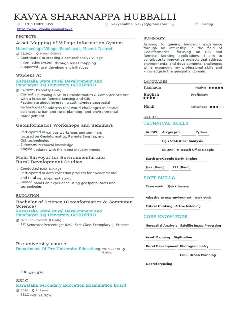 Kavya H Resume Pdf Geographic Information System Arc Gis