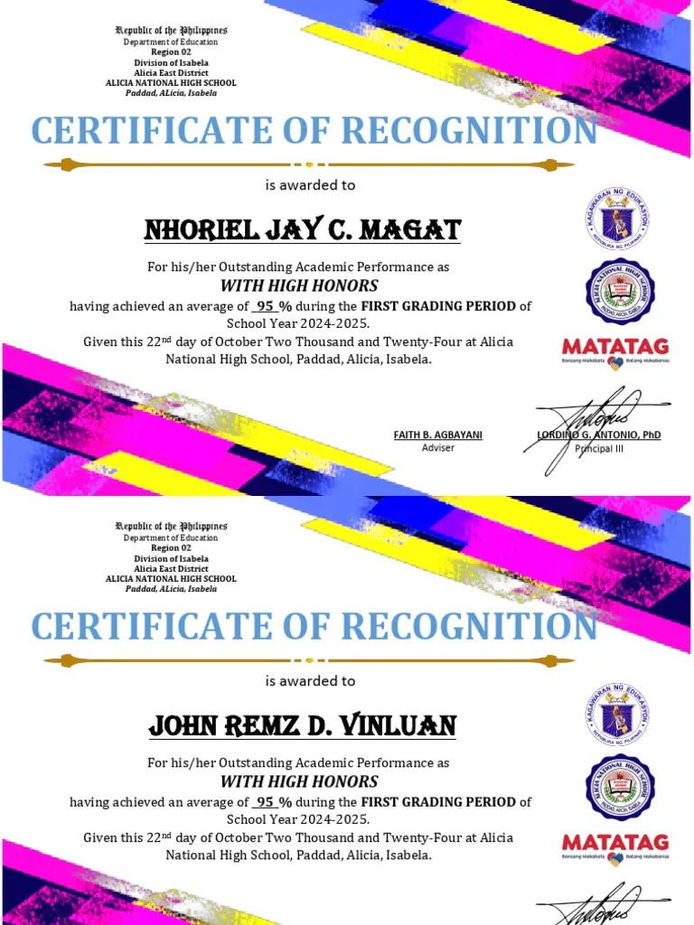 Certificate Of Recognition For Honors Pdf