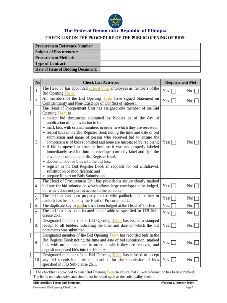 Bid Opening Check List Pdf