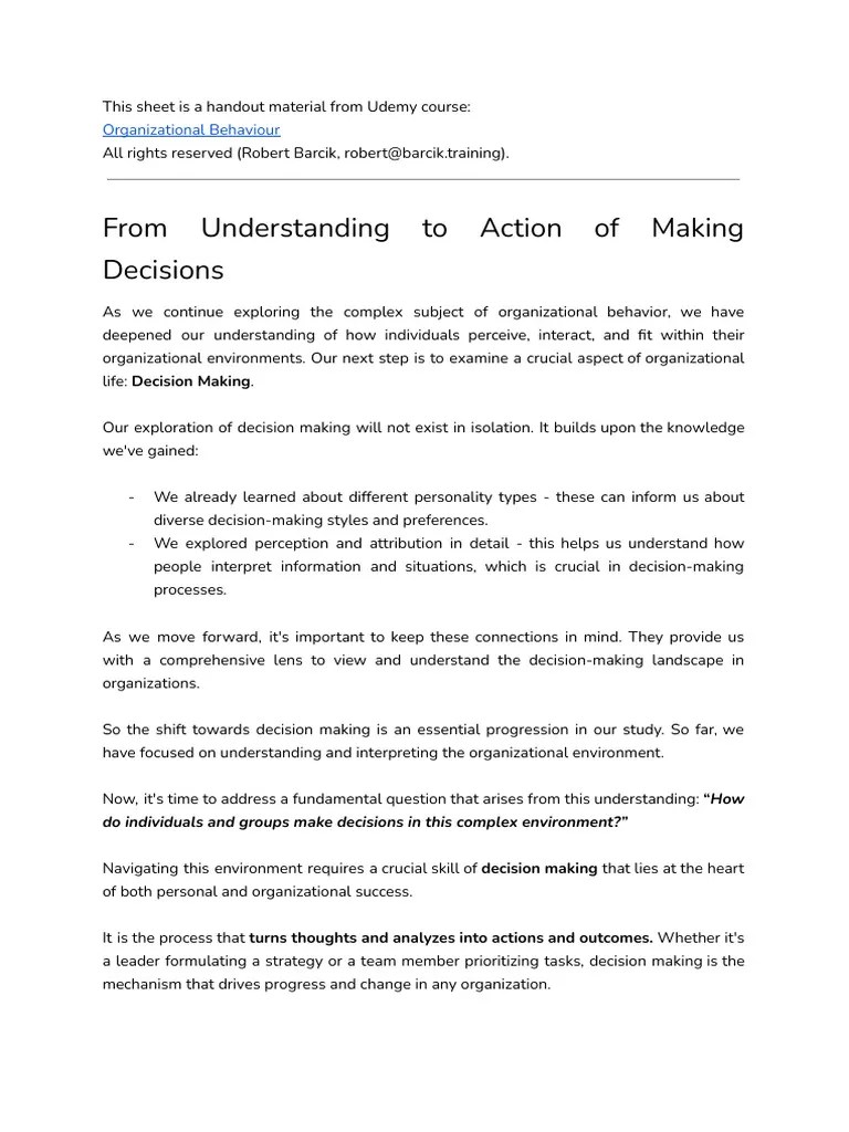 From Understanding To Action Of Making Decisions Pdf