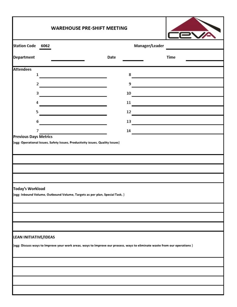 Warehouse Pre Shift Meeting Agenda Pdf