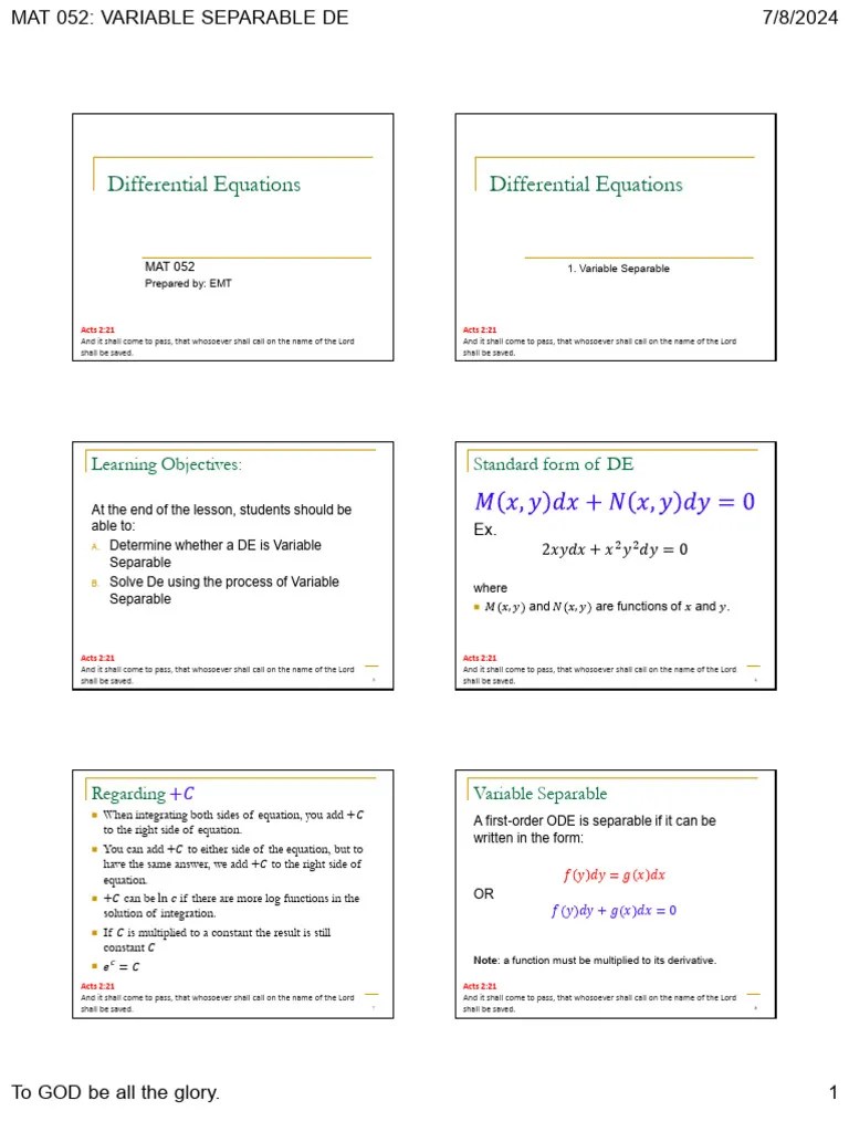 Variable Separable Differential Equations Pdf Mathematics Algebra