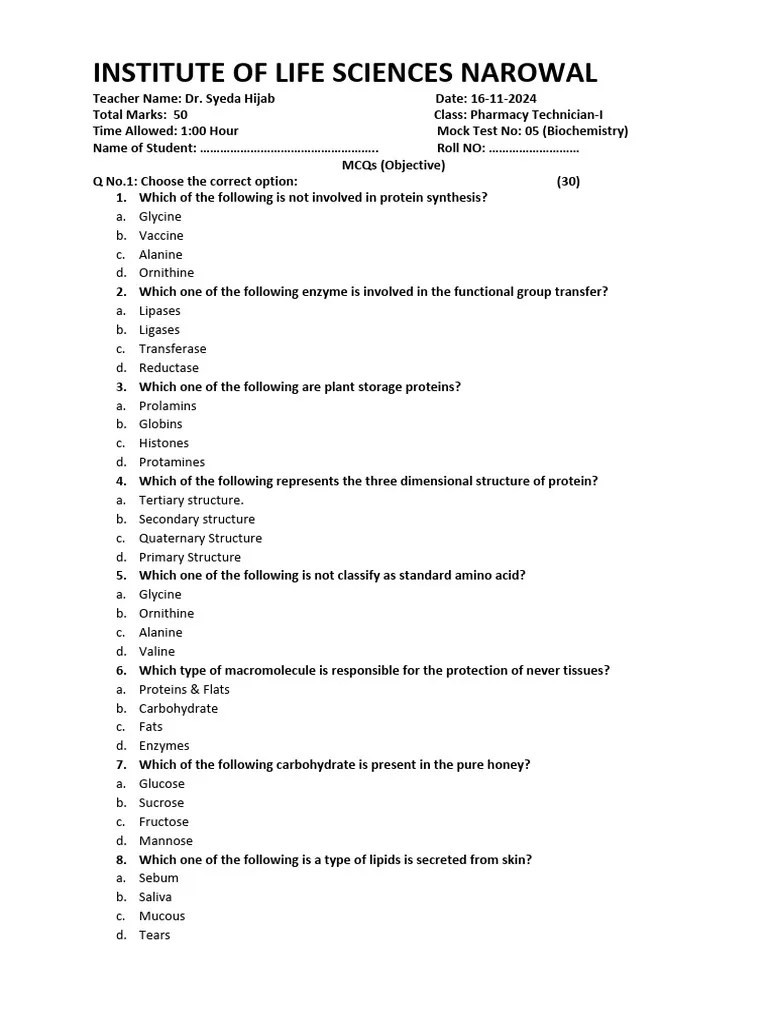 Biochemistry Mock Test For Pharmacy Tech Pdf Biosynthesis
