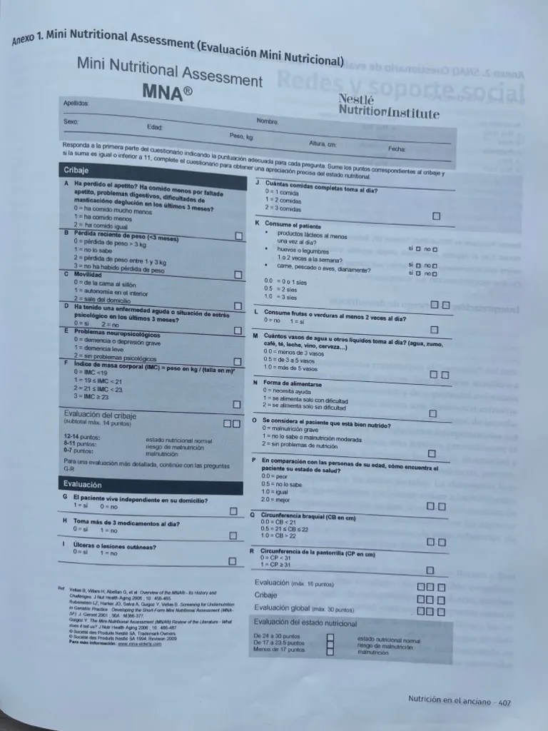 Evaluación Mini Nutricional Mna Pdf Alimentos