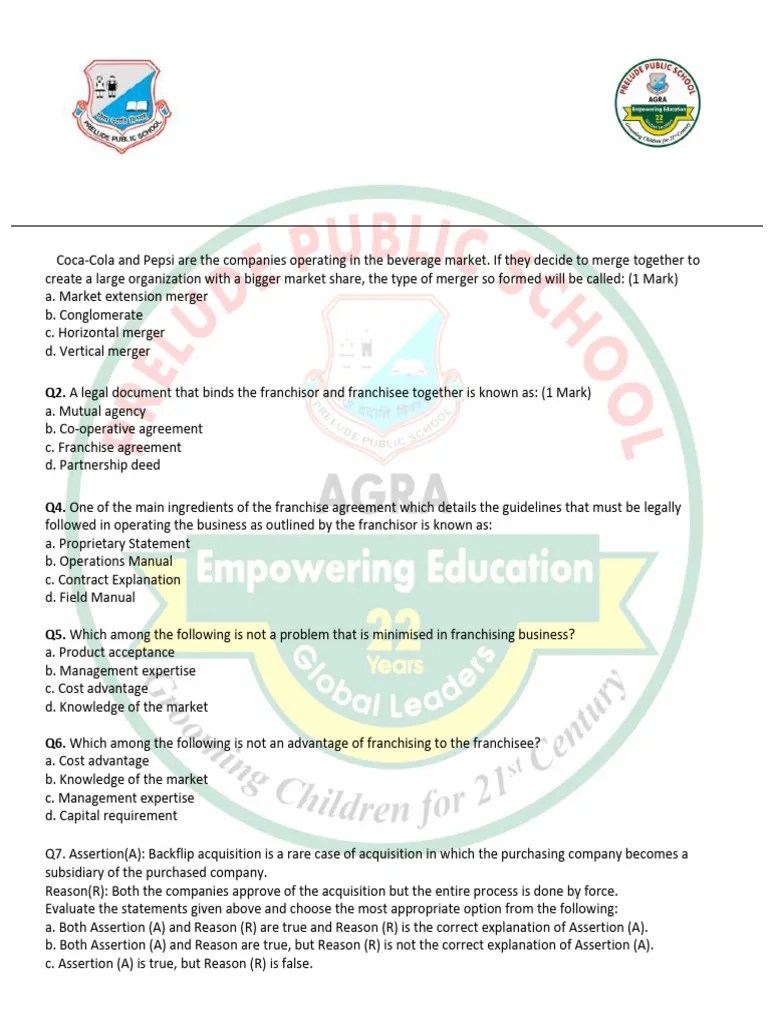 Xii Entrepreneurship Unit 4 Worksheet 5 Pdf Franchising Mergers