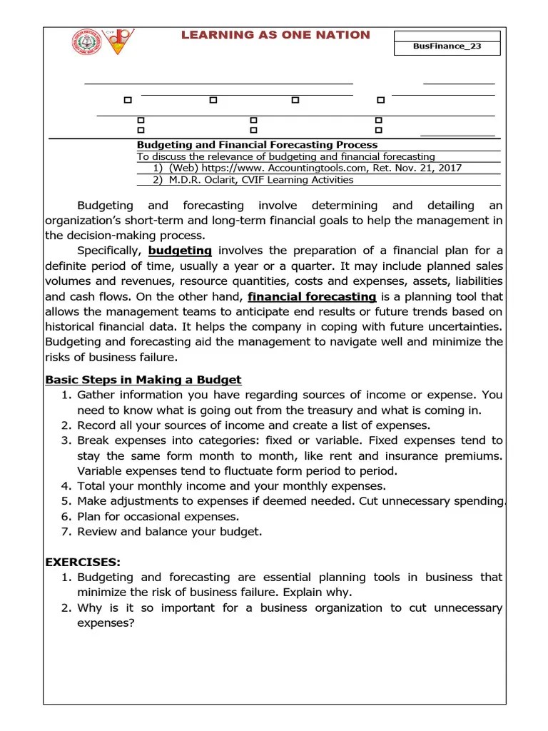 Bus Finance Las 23 Budgeting And Financial Forecasting Process Pdf