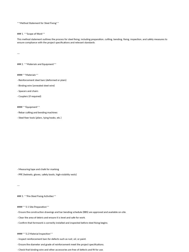 Method Statement For Steel Fixing Work Pdf Occupational Safety And