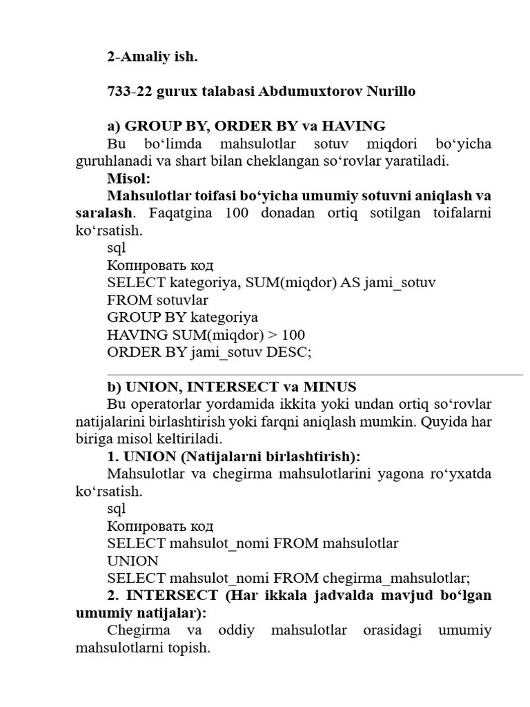 Malumotlar Bazasi Amaliy | PDF