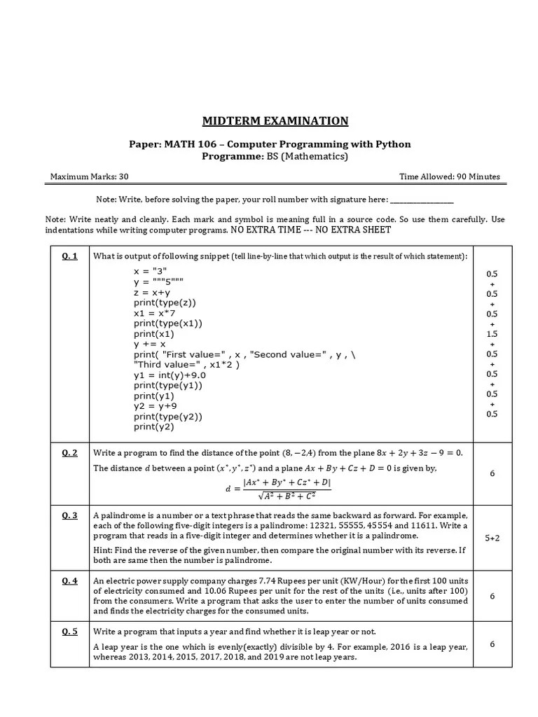 A Sample Bs Math Python Exam Pdf Parameter Computer Programming