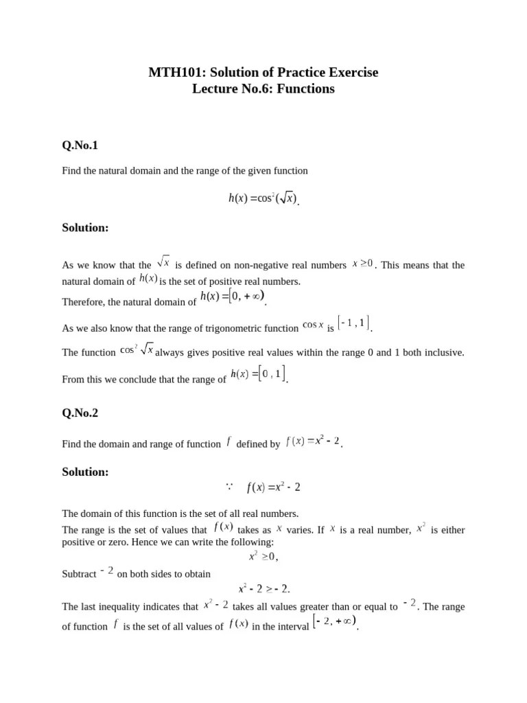 Functions Domain And Range Solutions Pdf