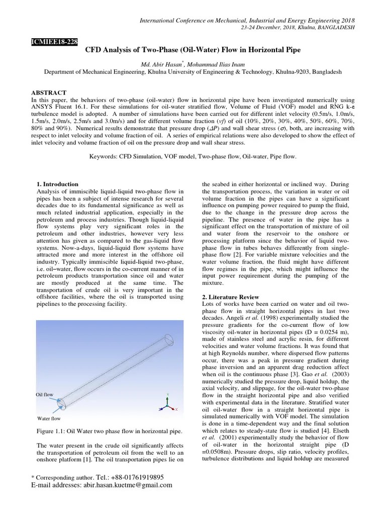 Cfd Analysis Of Oil Water Flow In Pipes Pdf Fluid Dynamics Petroleum