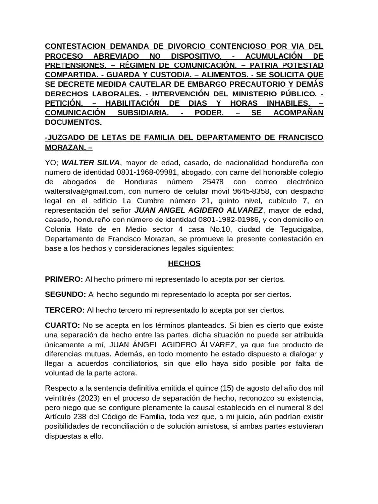 Contestacion Demanda De Divorcio Contencioso Por Via Del Proceso