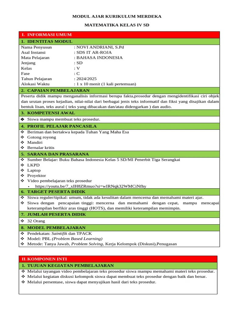 Modul Ajar Teks Prosedur Kelas V Sd Pdf
