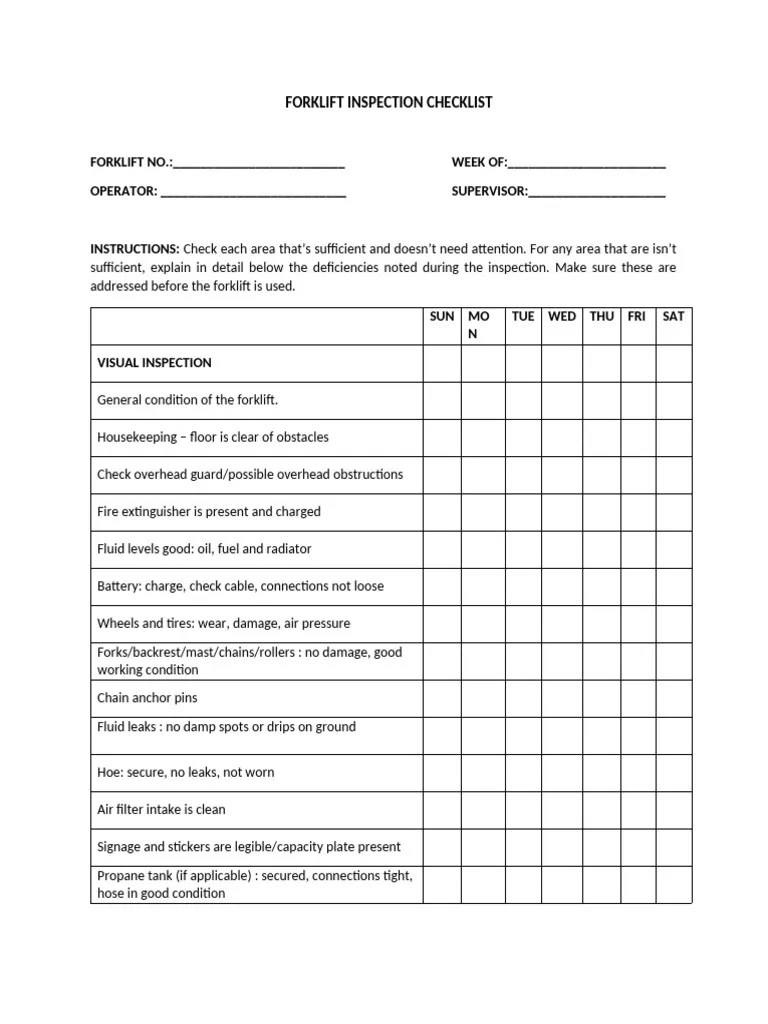 Forklift Inspection Checklist Template Pdf