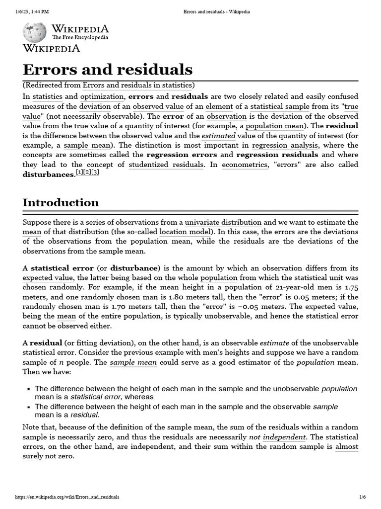 Understanding Errors And Residuals In Statistics Pdf Errors And
