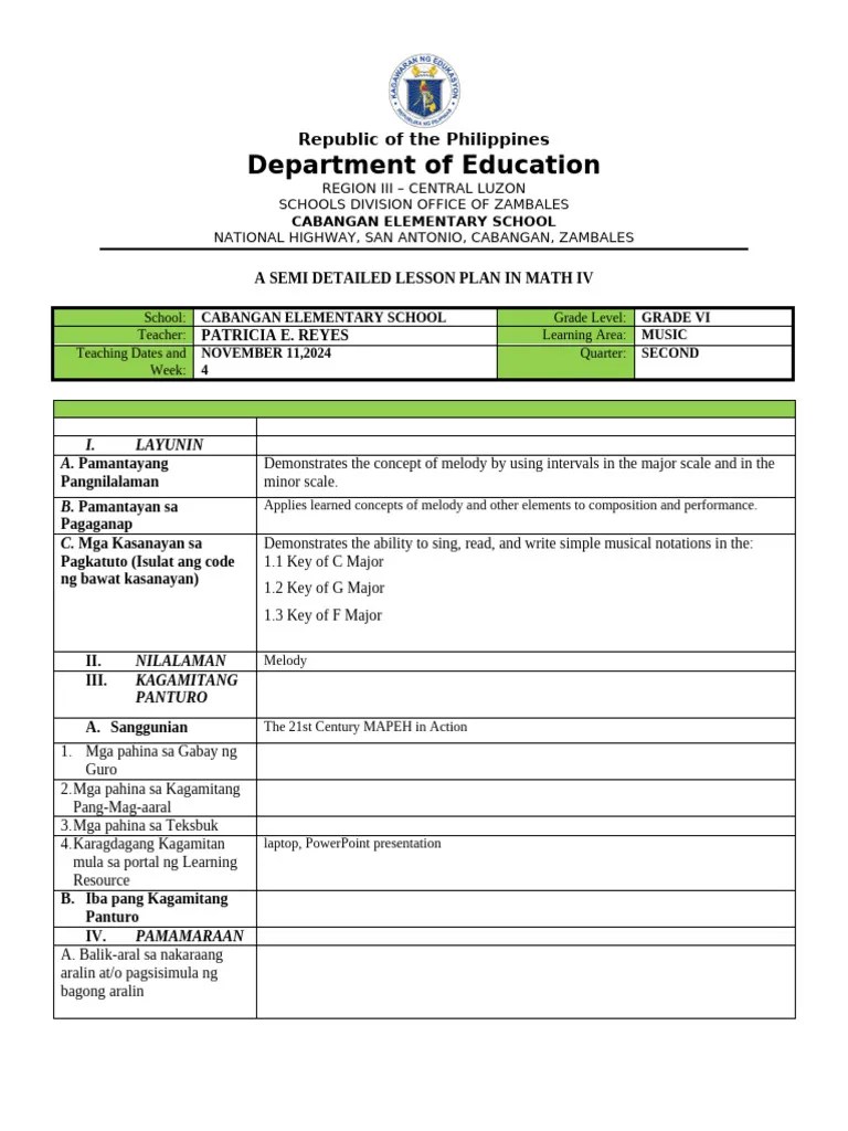 A Semi Detailed Lesson Plan In Music Vi Pdf