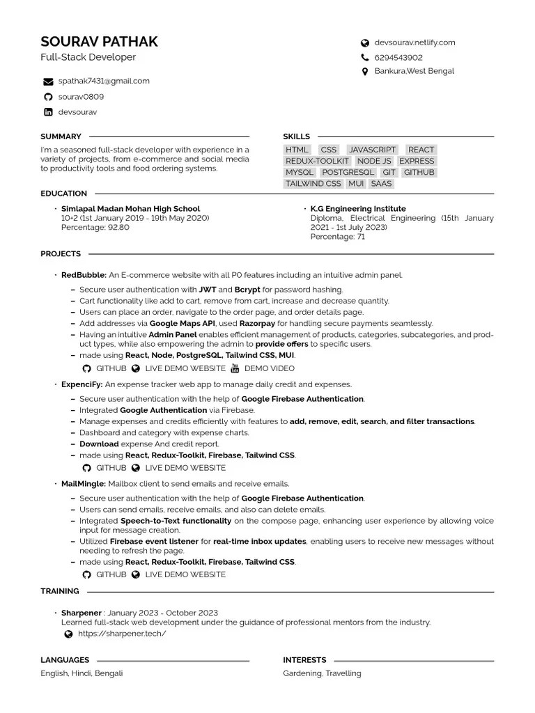 Resume Full Stack Developer Pdf Websites Postgre Sql