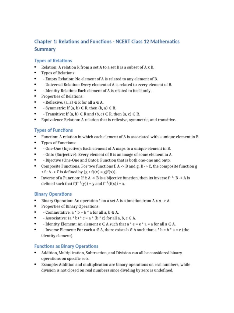 Relations And Functions In Mathematics Pdf