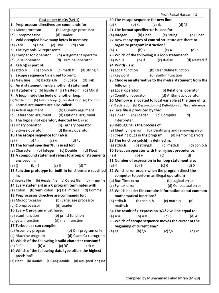 Past Paper Mcqs Set 1 Pdf Control Flow Computer Program