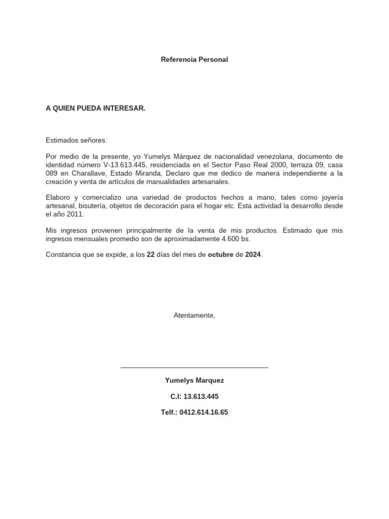 Declaración De Actividad Artesanal Pdf