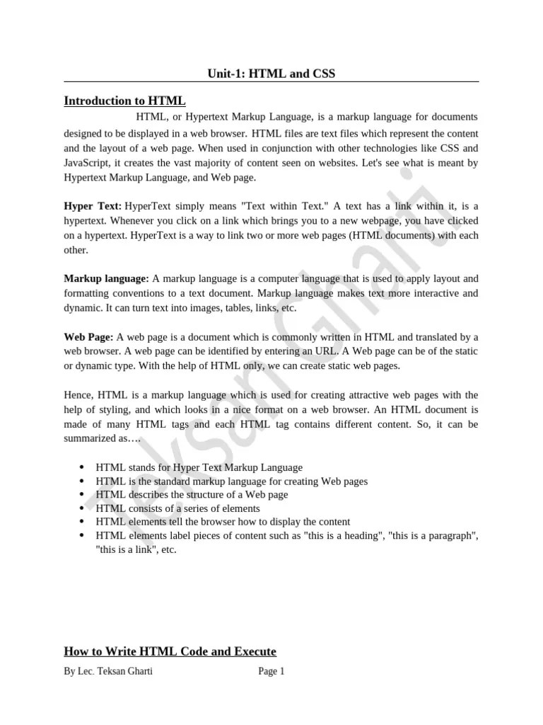 Unit 1 Html And Css Pdf Html Html Element