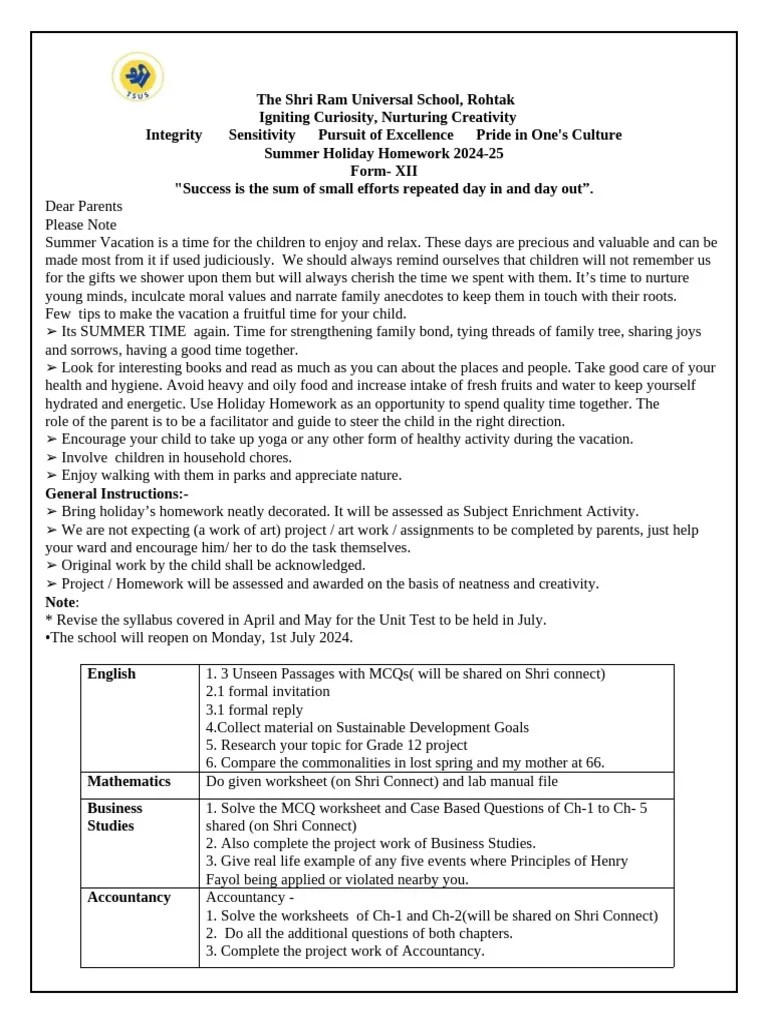 12 Holiday Homework Pdf