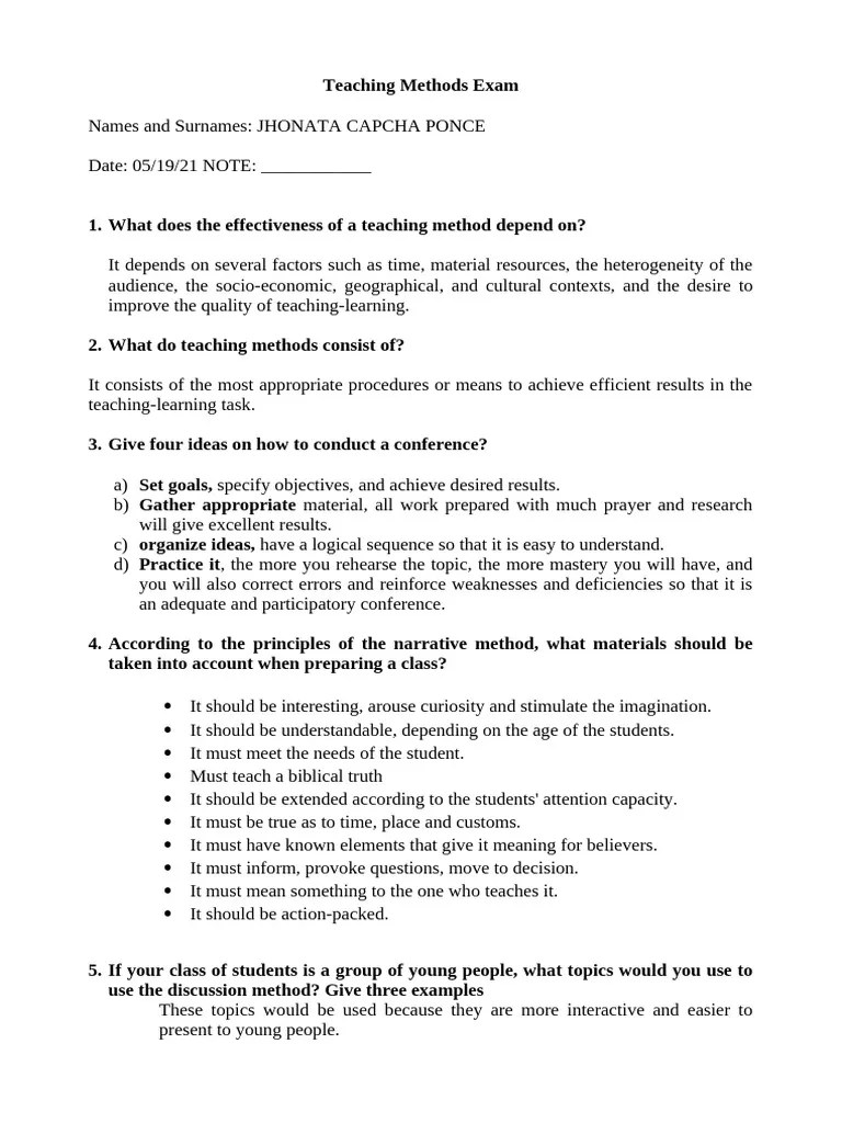 Teaching Methods Exam Pdf Teaching Method Cognition