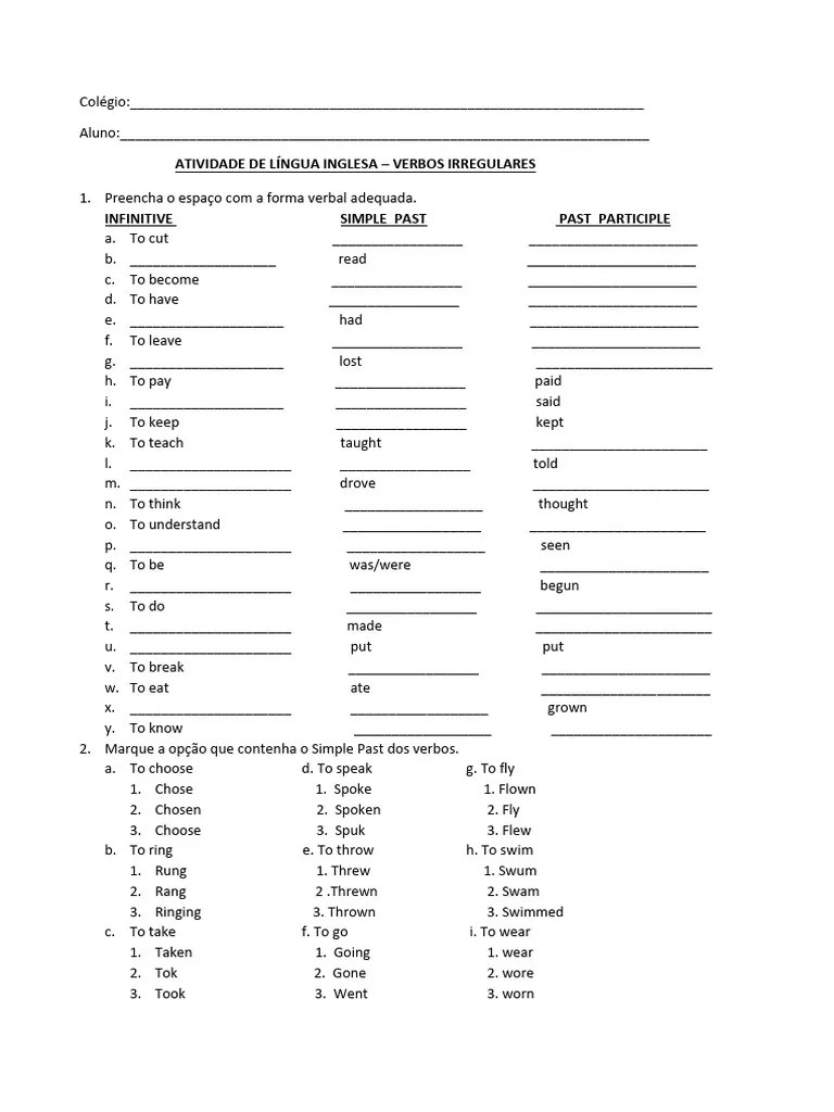 Atividade De Verbos Irregulares Em Inglês Pdf