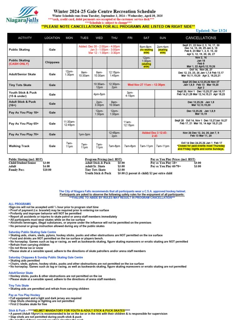 Winter 2024 25 Gale Centre Schedule Pdf Ice Hockey Indoor Sports