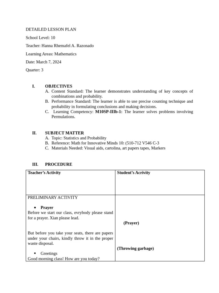 Intern Lesson Plan Pdf Learning Mathematics