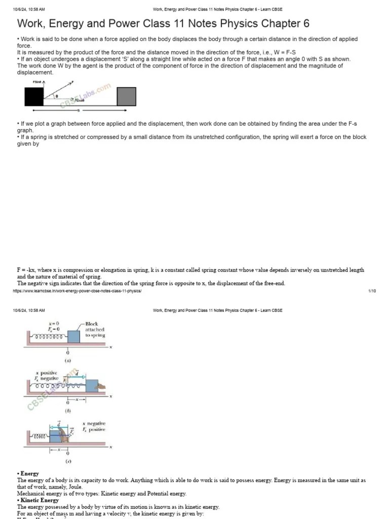 Work Energy And Power Class 11 Notes Physics Chapter 6 Learn Cbse